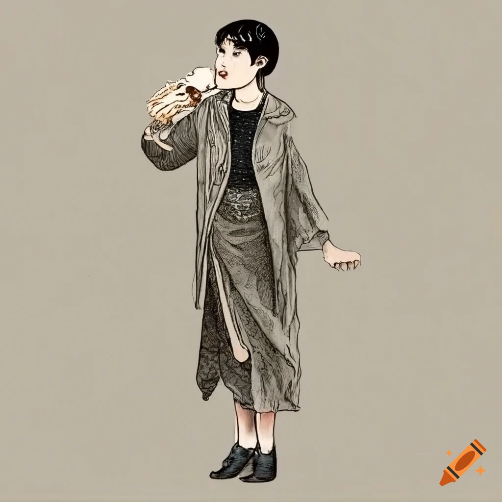 Full-length drawing of black-hair white boy eating ice cream in art ...