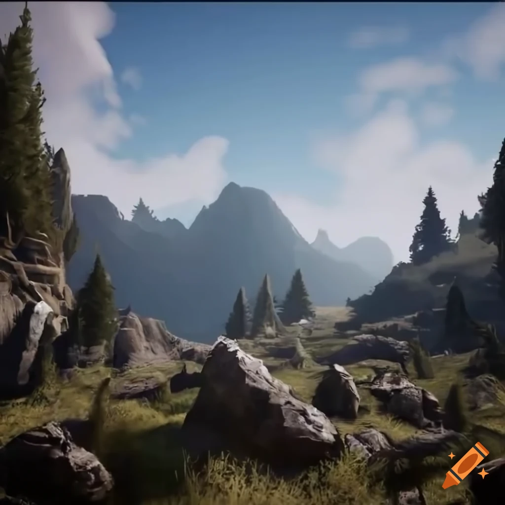 Unreal engine 5 albino-white auroch wizh forest with mountains on ...