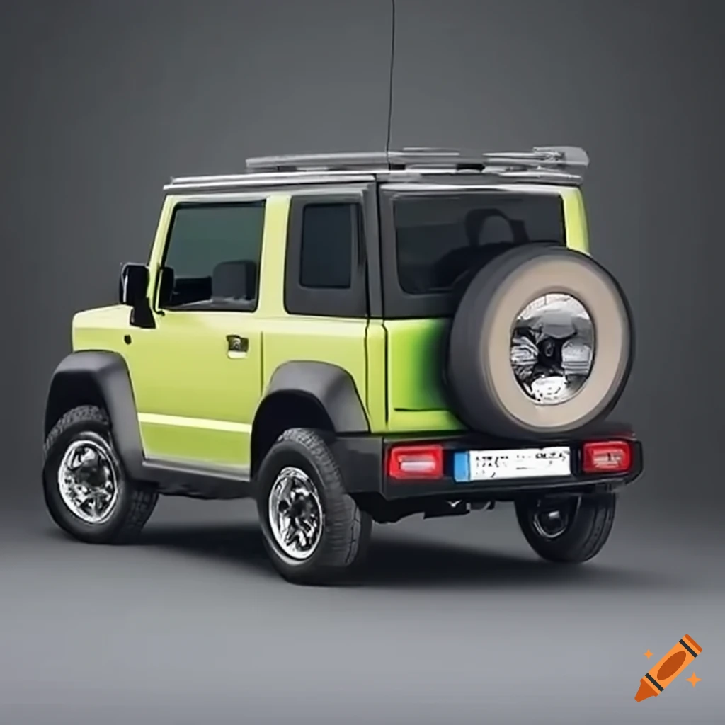 Draw a suzuki jimny with a dog standing on the roof of the car