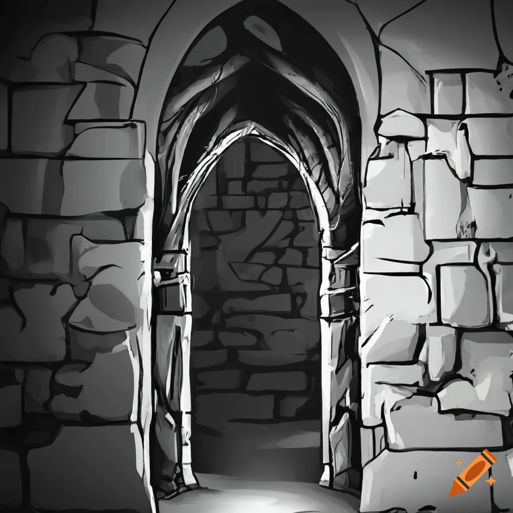 Black and white icon. side view of an ancient dungeon