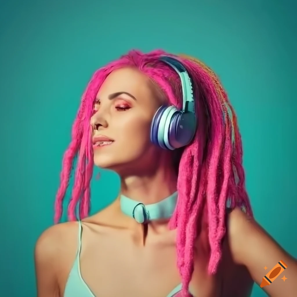 Pretty woman with pink dreadlocks and headphones on turquoise ...