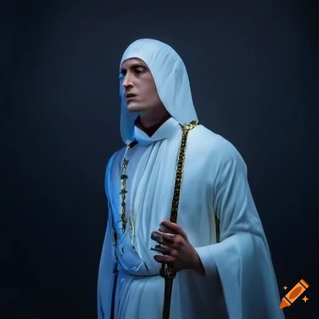 Dnd priest adorned in white robes, lit dramatically, wearing golden jewelry