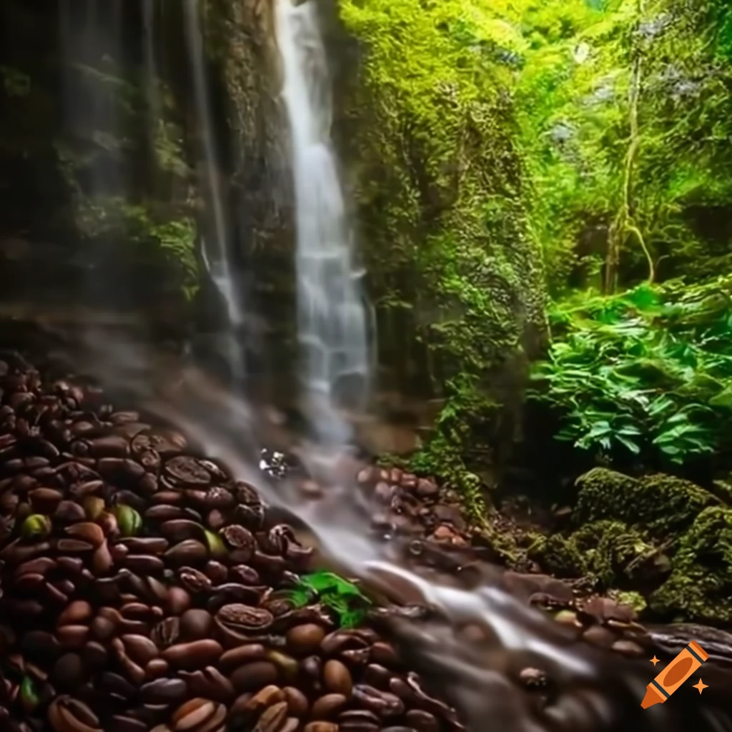 Coffee beans flow like water down a massive waterfall in the forest