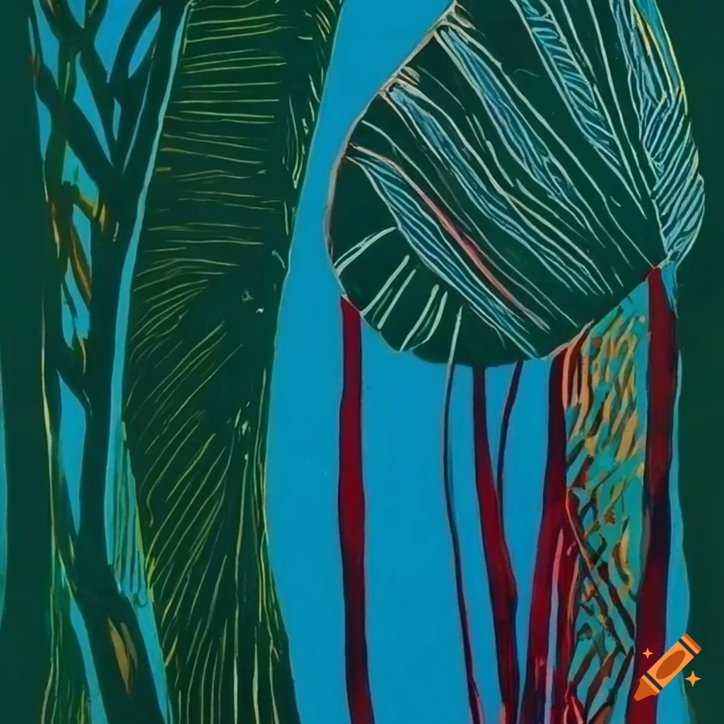 Lino cut of a tropical plant in the style of david hockney on Craiyon