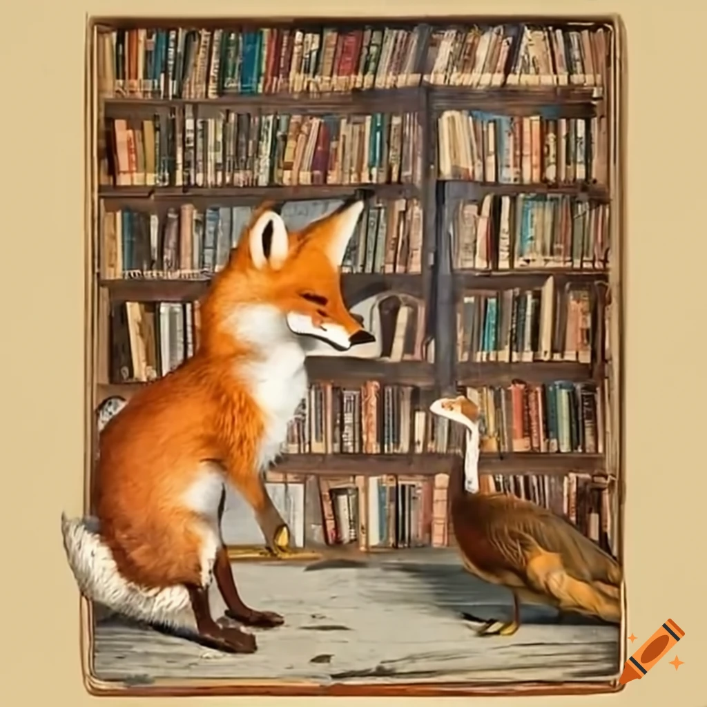 A fox and a goose exploring a library of books