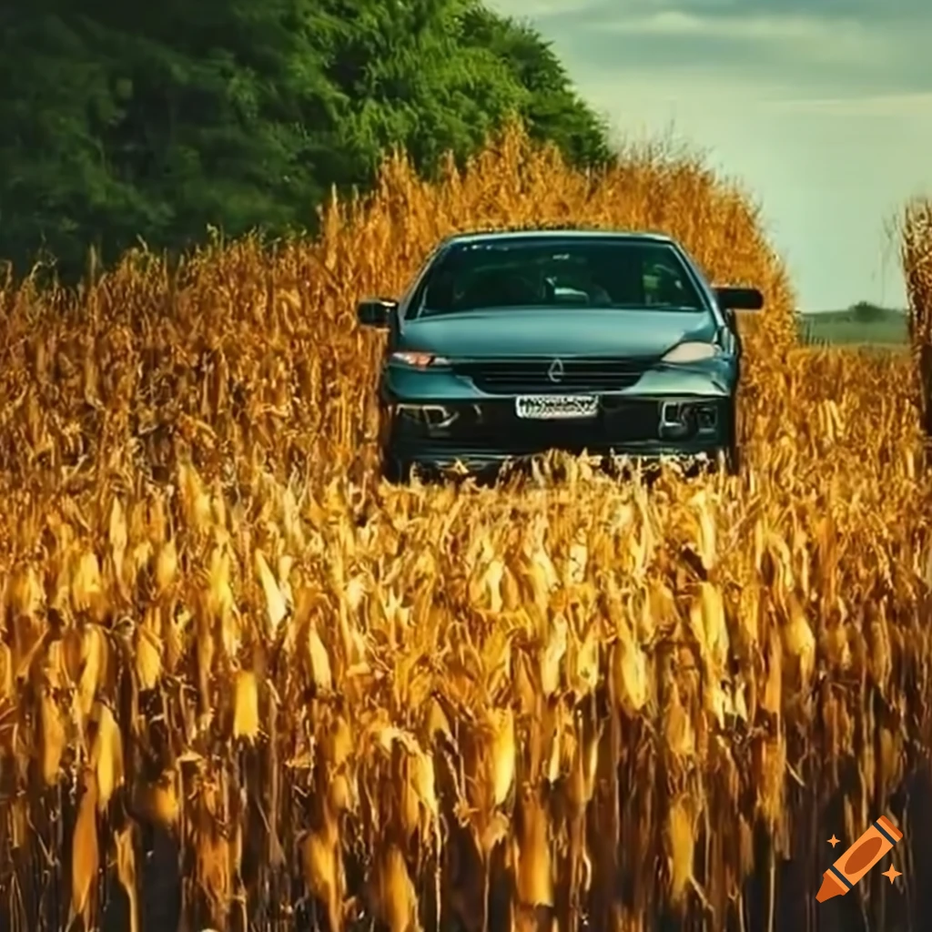 A car driving through a field of tall corn stalks very fast on Craiyon