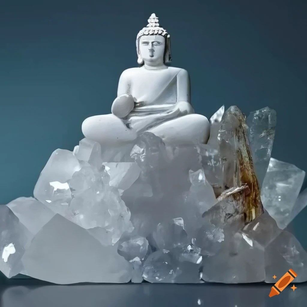 Serene white buddha statue surrounded by raw white quartz crystals