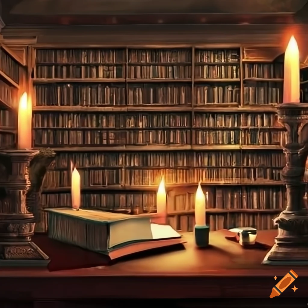 A tenebrous library with candles and a lot of books, hyper realistic ...