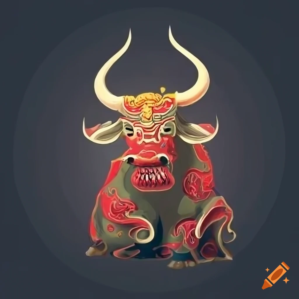 Stylized representation of an ox in traditional chinese art with black ...