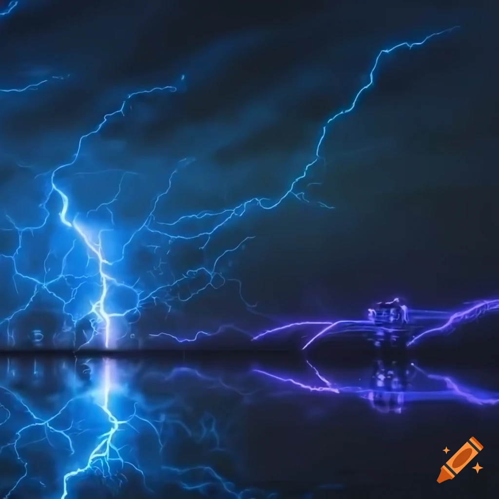Neon blue lightning, nightime reflection on water, ultraviolet sparks ...