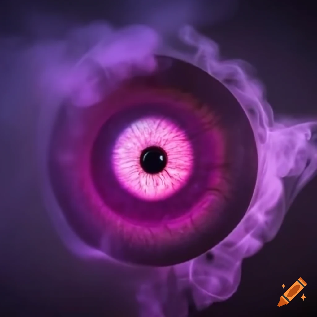 An eyeball inside of a large mirror, reflecting pink smoke on Craiyon