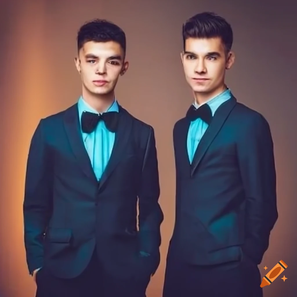 Two identical men standing together, wearing matching outfits on Craiyon