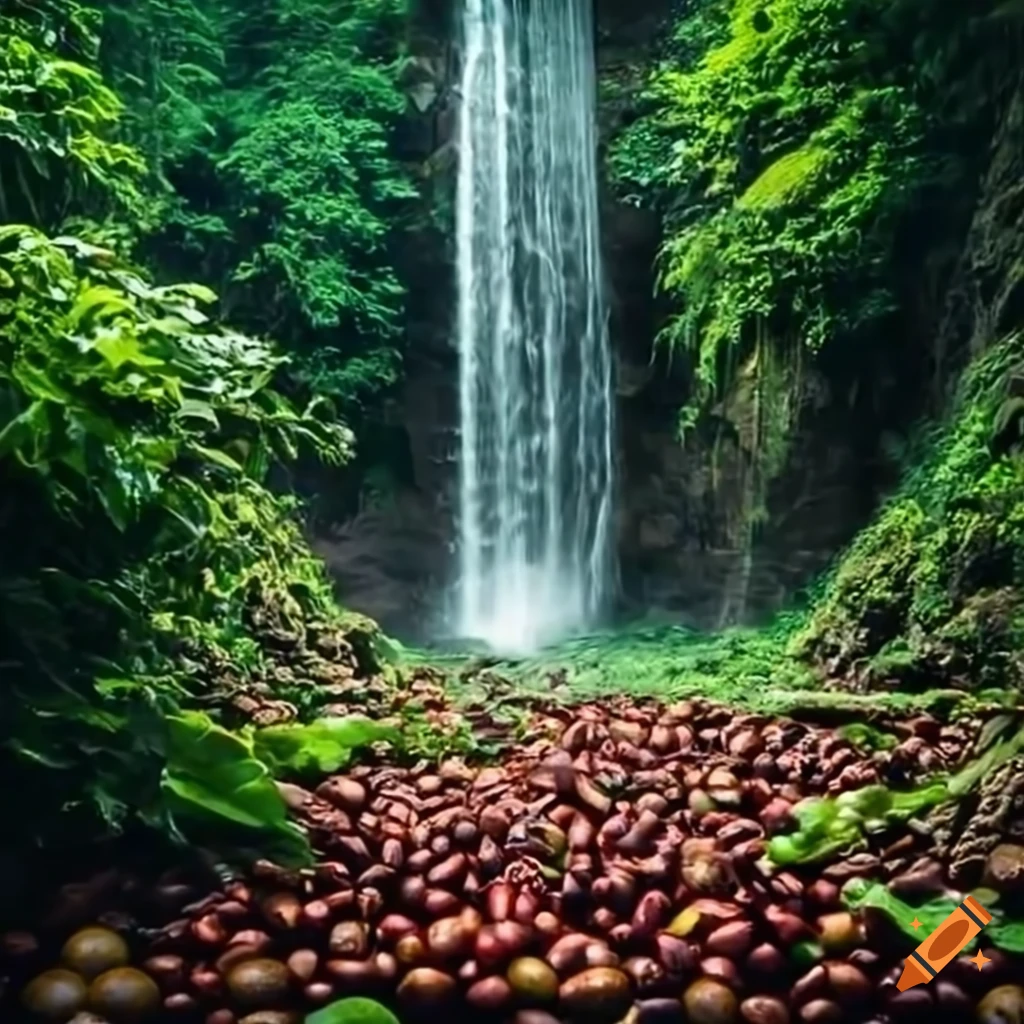 Coffee beans flow like water down a massive waterfall in the forest on ...