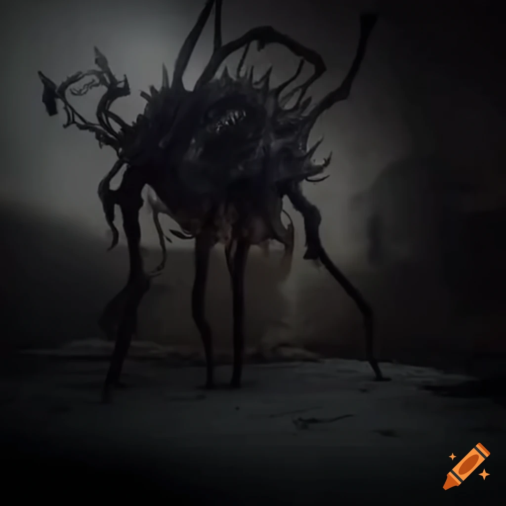 A horrifying scene of a nightmarish world with grotesque creatures