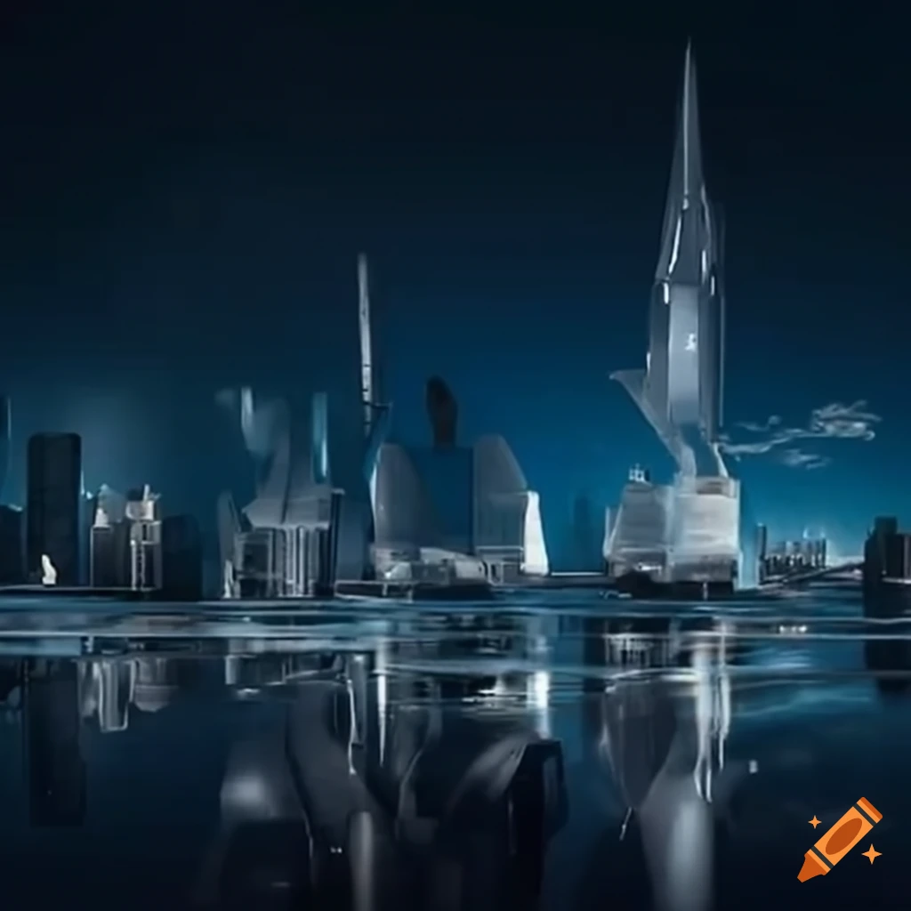 An epic sci-fi flying vehicle soaring through futuristic cityscape