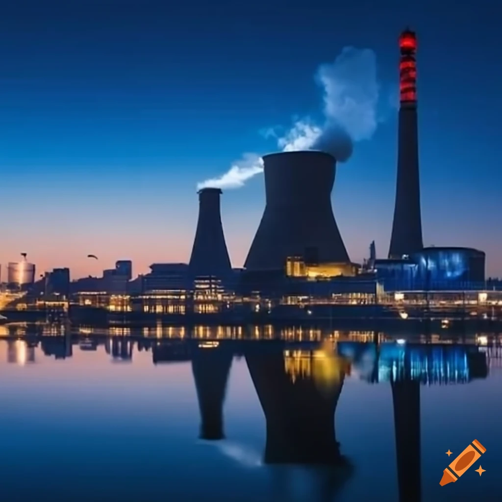 A modern power plant supplying electricity to a bustling cityscape