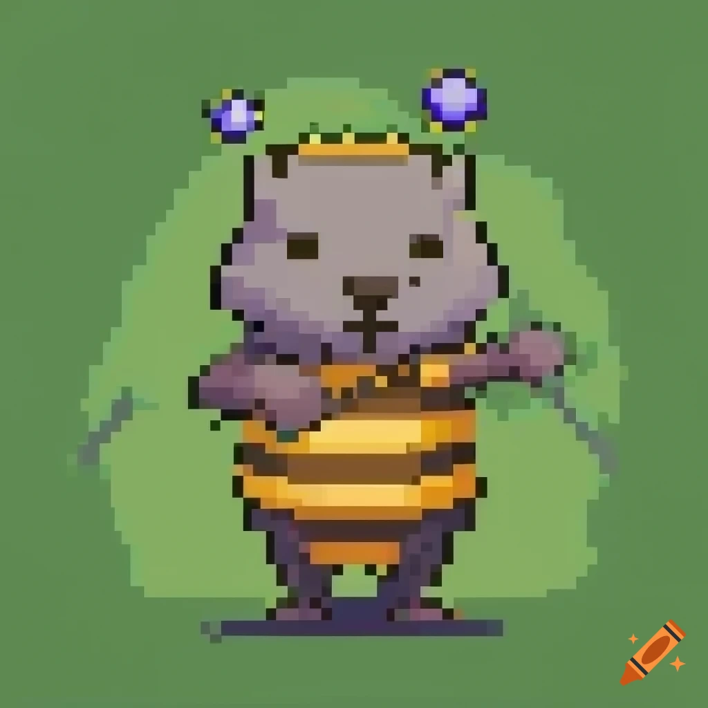 Pixel cartoon wombat wearing a bee costume, wearing a mining hat and ...