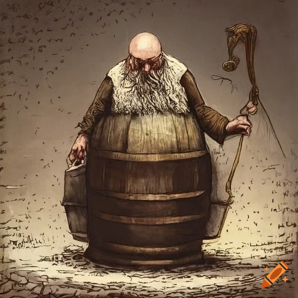 A medieval fat monk with a beard sits on a beer barrel with a fighting ...