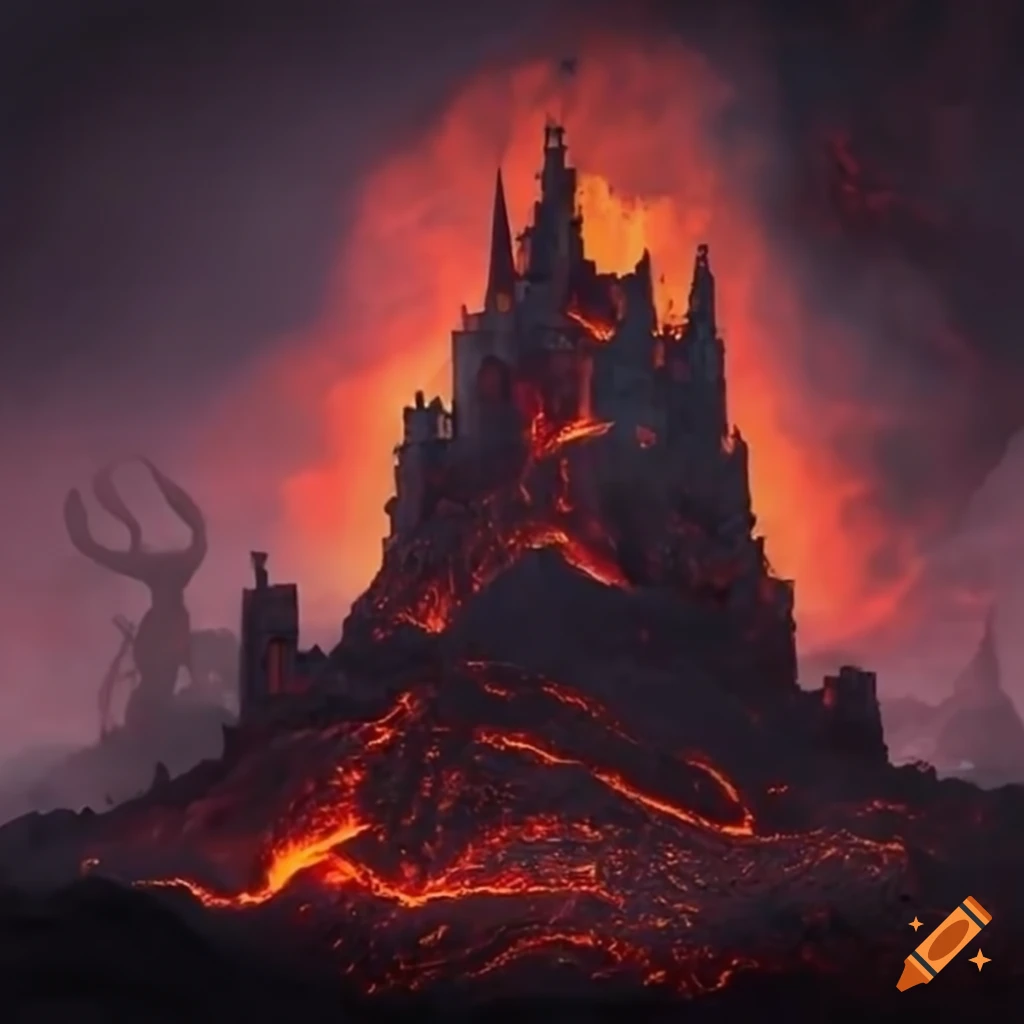 A demonic castle surrounded by molten lava on Craiyon