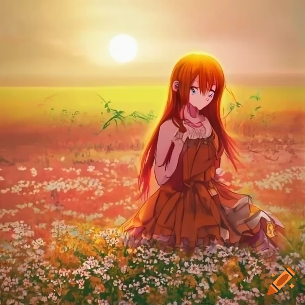 Anime girl with Orange hair wearing a orange dress, sitting in a flower ...