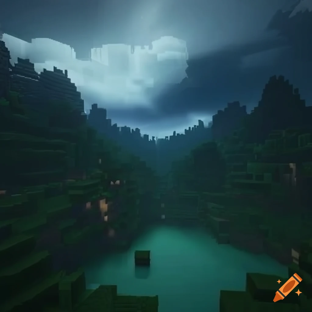 Stunning Minecraft scenery with dramatic hills and stormy clouds on Craiyon