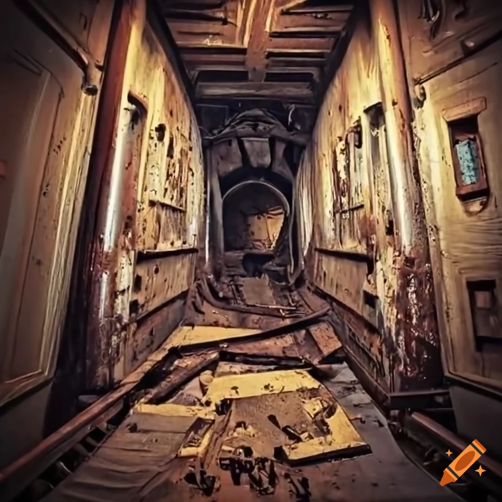 Inside of an abandoned luxury ship, rusting,creepy, night on Craiyon