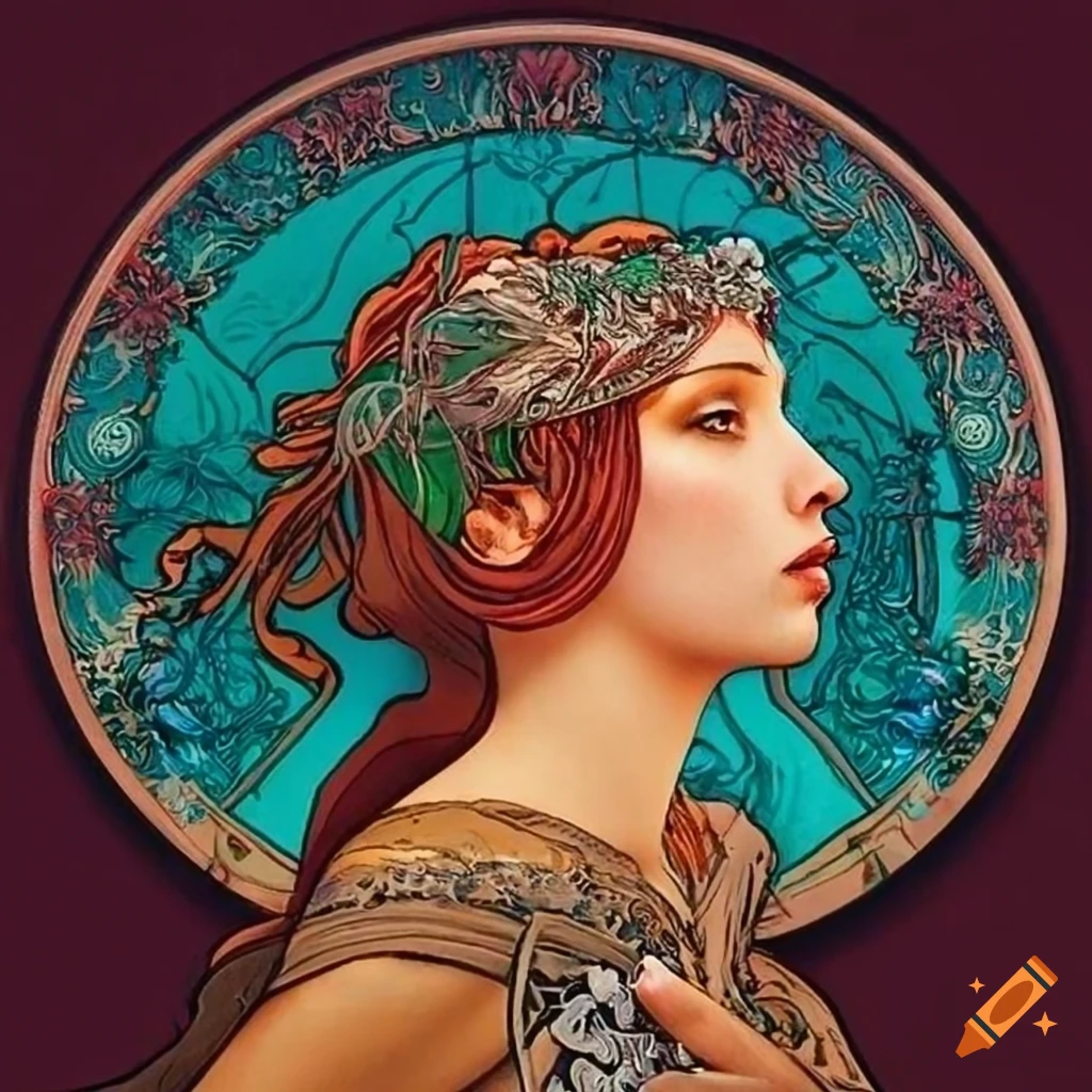 A coin with a woman face a hood mucha style embossed