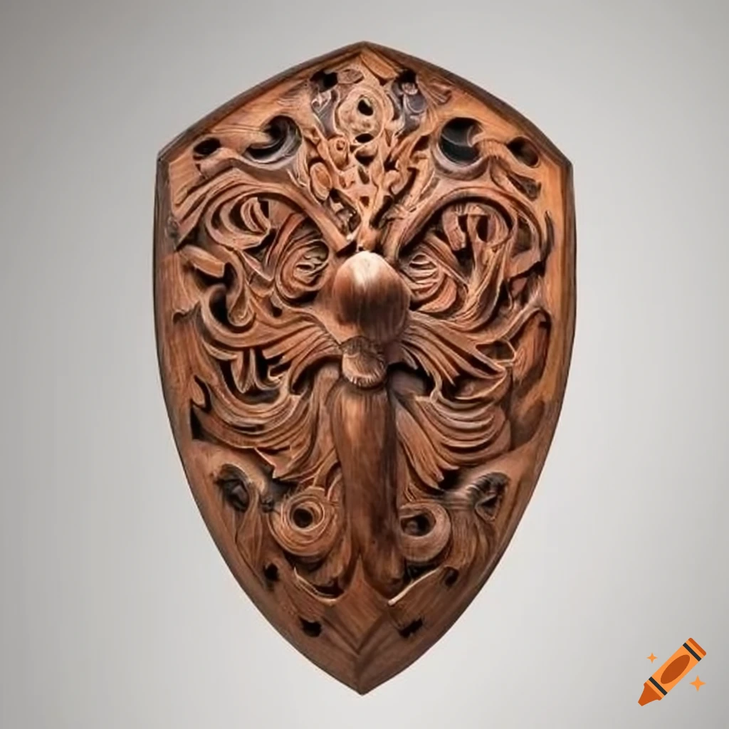 A sturdy wooden shield with intricate carvings on Craiyon