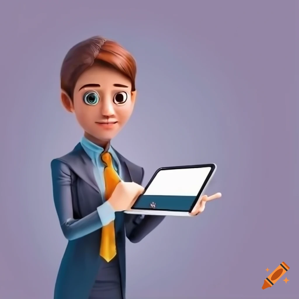 Character of an employee holding a tablet which papers and transactions ...