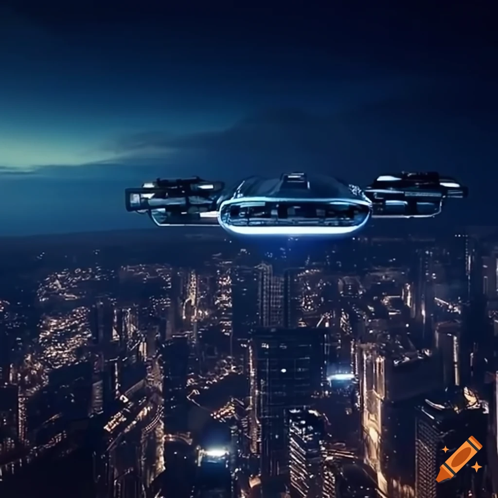 An epic sci-fi flying vehicle soaring through futuristic cityscape