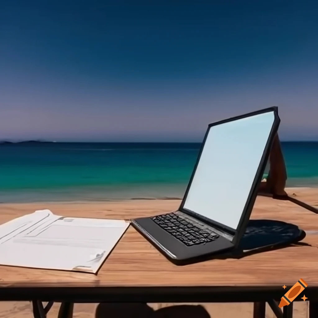 A table and a computer in a mediterranean beach on Craiyon