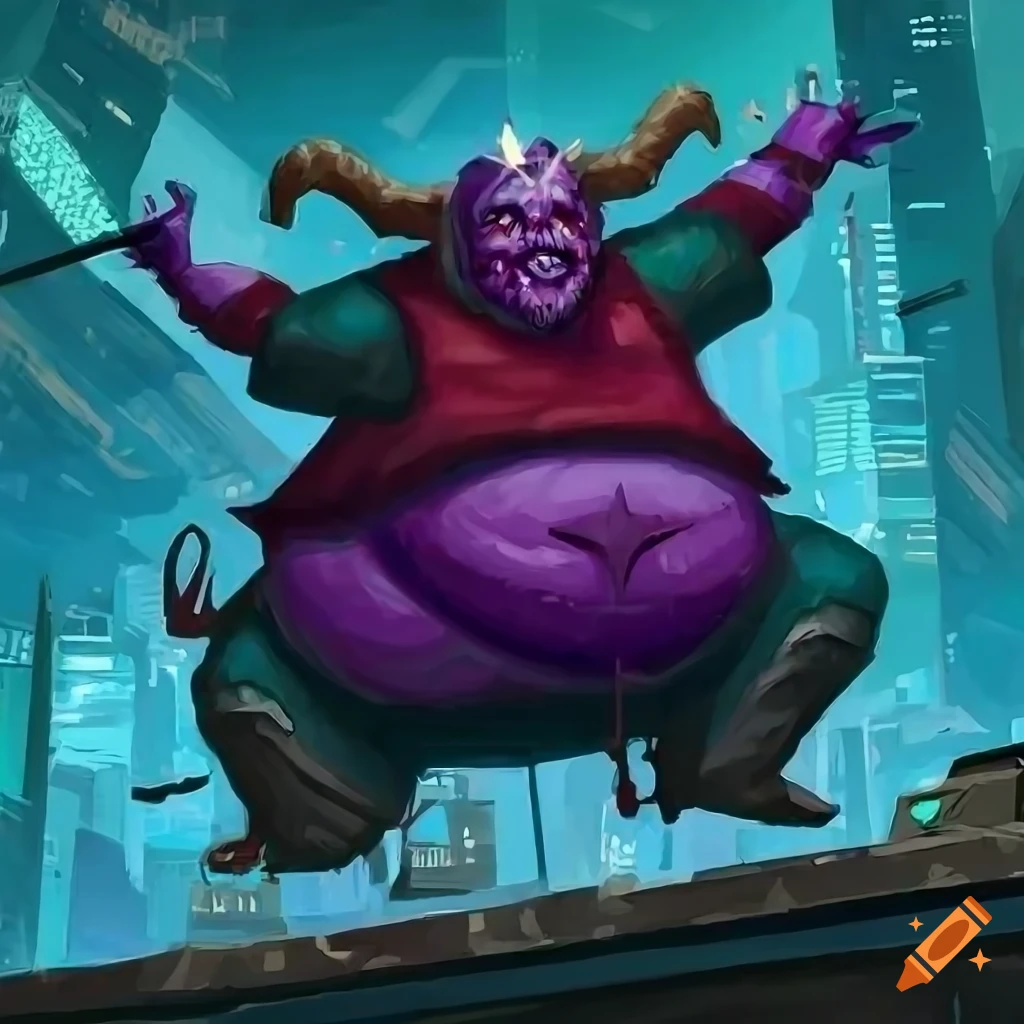 Fat demon with symmetrical horns and goat legs on a rooftop in a ...