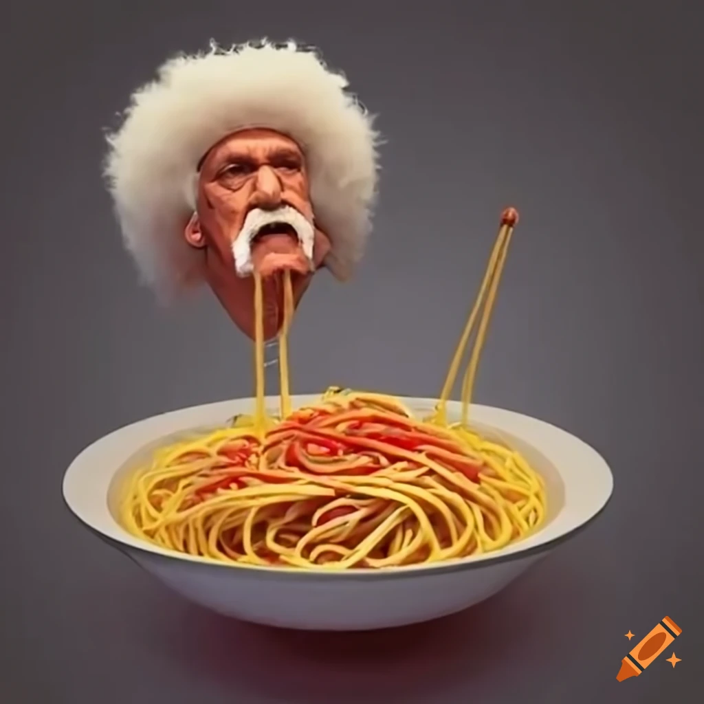 Hulk hogan with white afro in large bowl of spaghetti