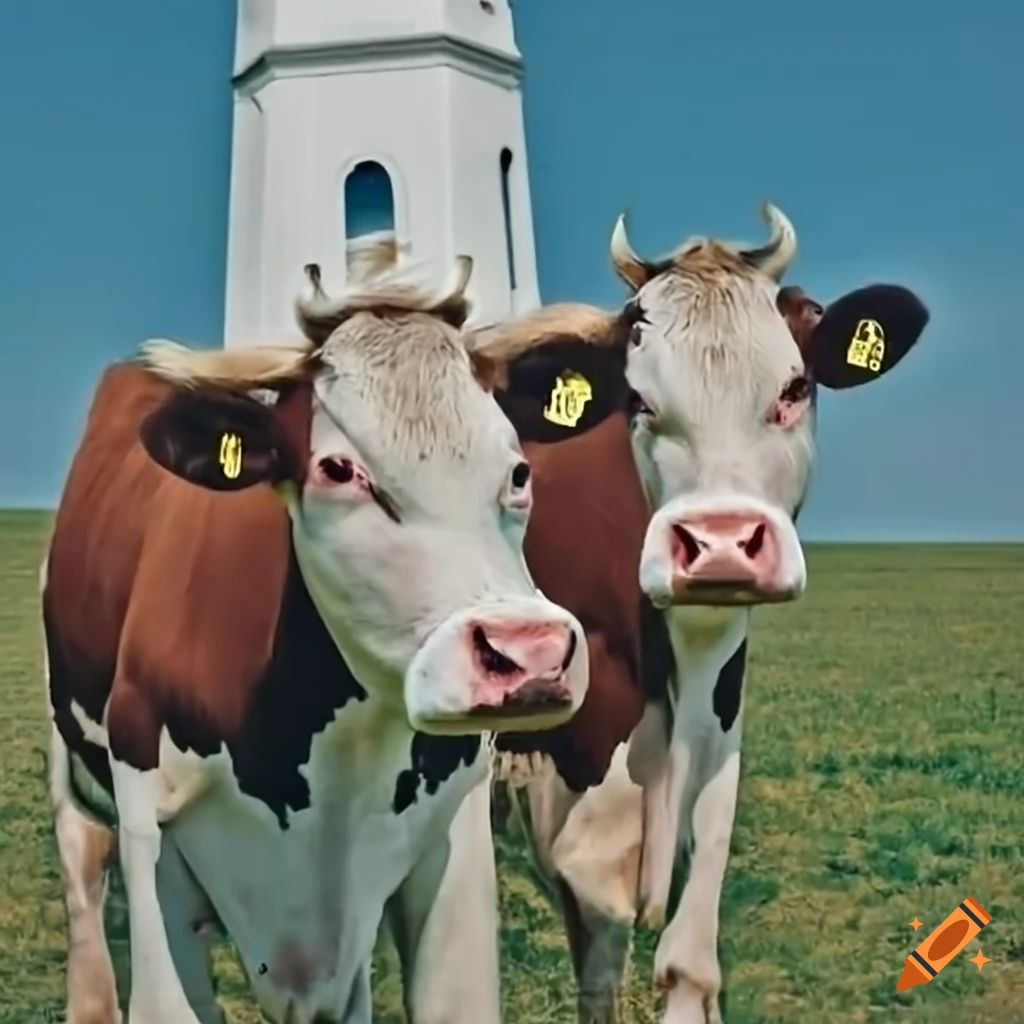 Three cows laughing on a field, white tower on the background. photorrealisic. cows must be ...