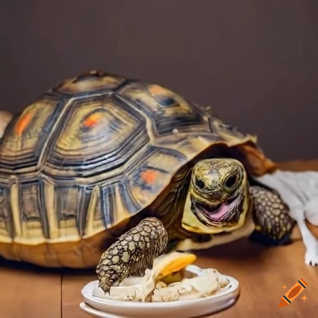 A tortoise enjoying a meal on a messy kitchen table on Craiyon