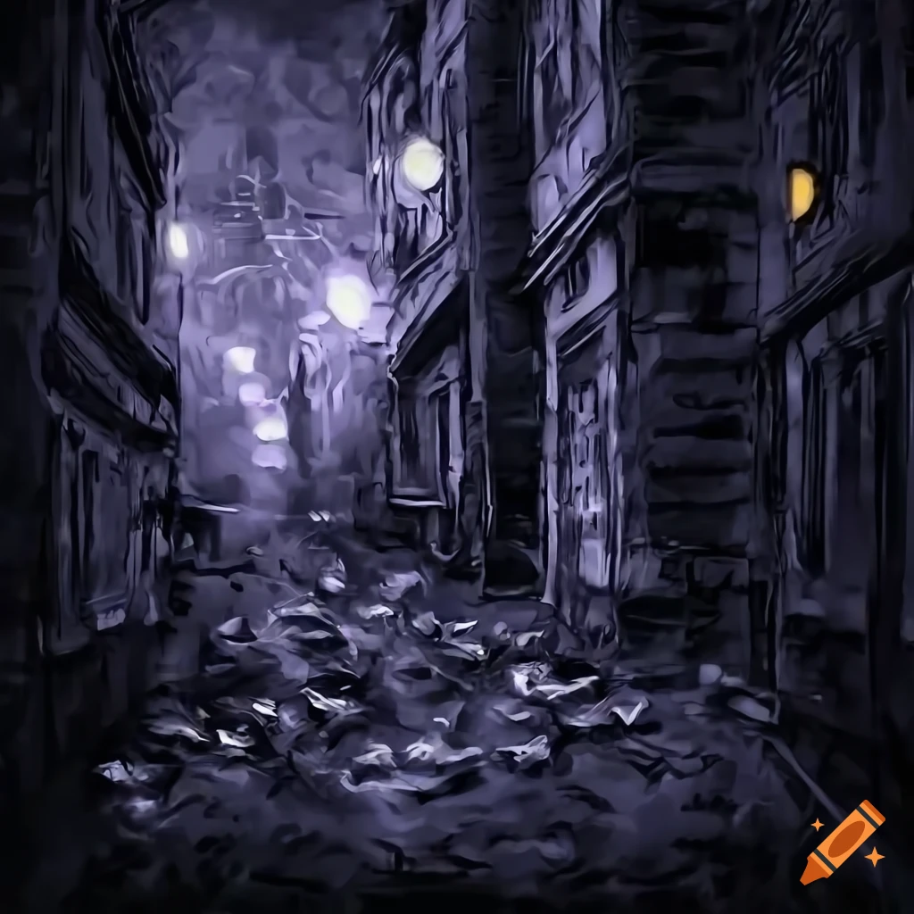 Night scene of a dimly lit city street with scattered trash with gothic ...