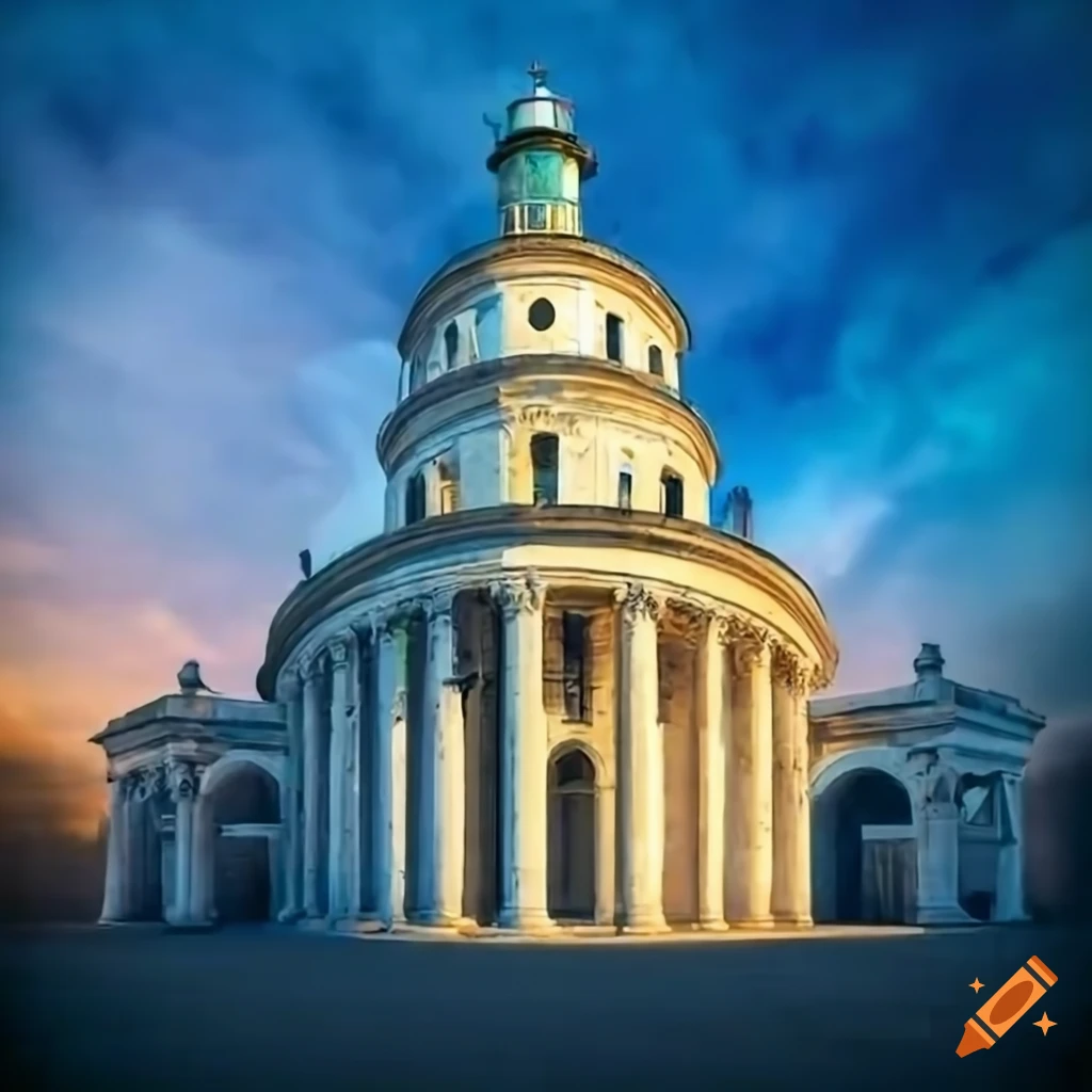 Slender white lighthouse on top of a marble basilica surrounded by a ...