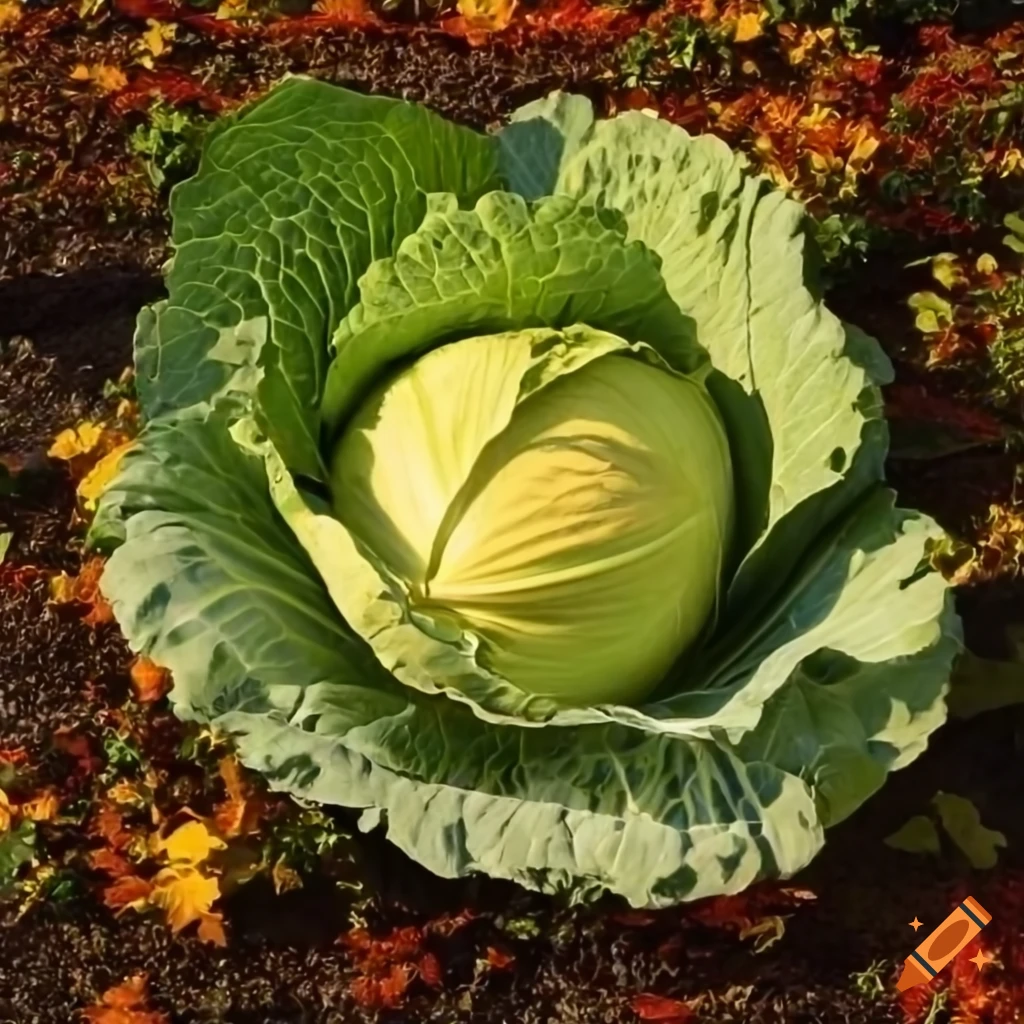 Photograph of a huge cabbage in a flower garden, golden autumn on Craiyon