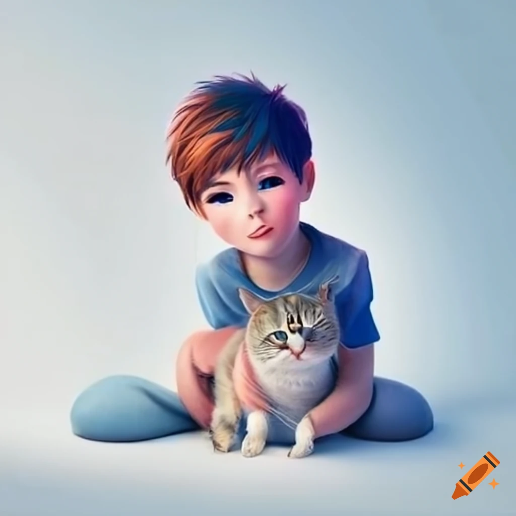 Cute boy and cat white a room