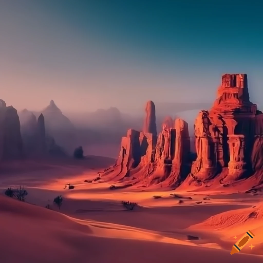 Foggy red desert valley ancient fantasy ruins temples domes palaces ...