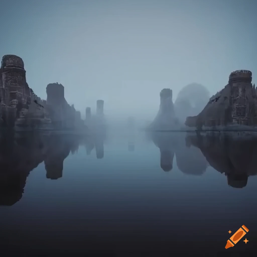 Foggy desert gigantic ancient fantasy dome ruins, reflective rivers ...