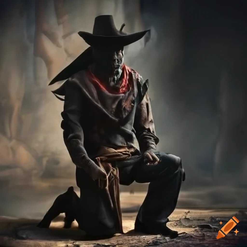 Dark cowboy with his face covered, kneeling down