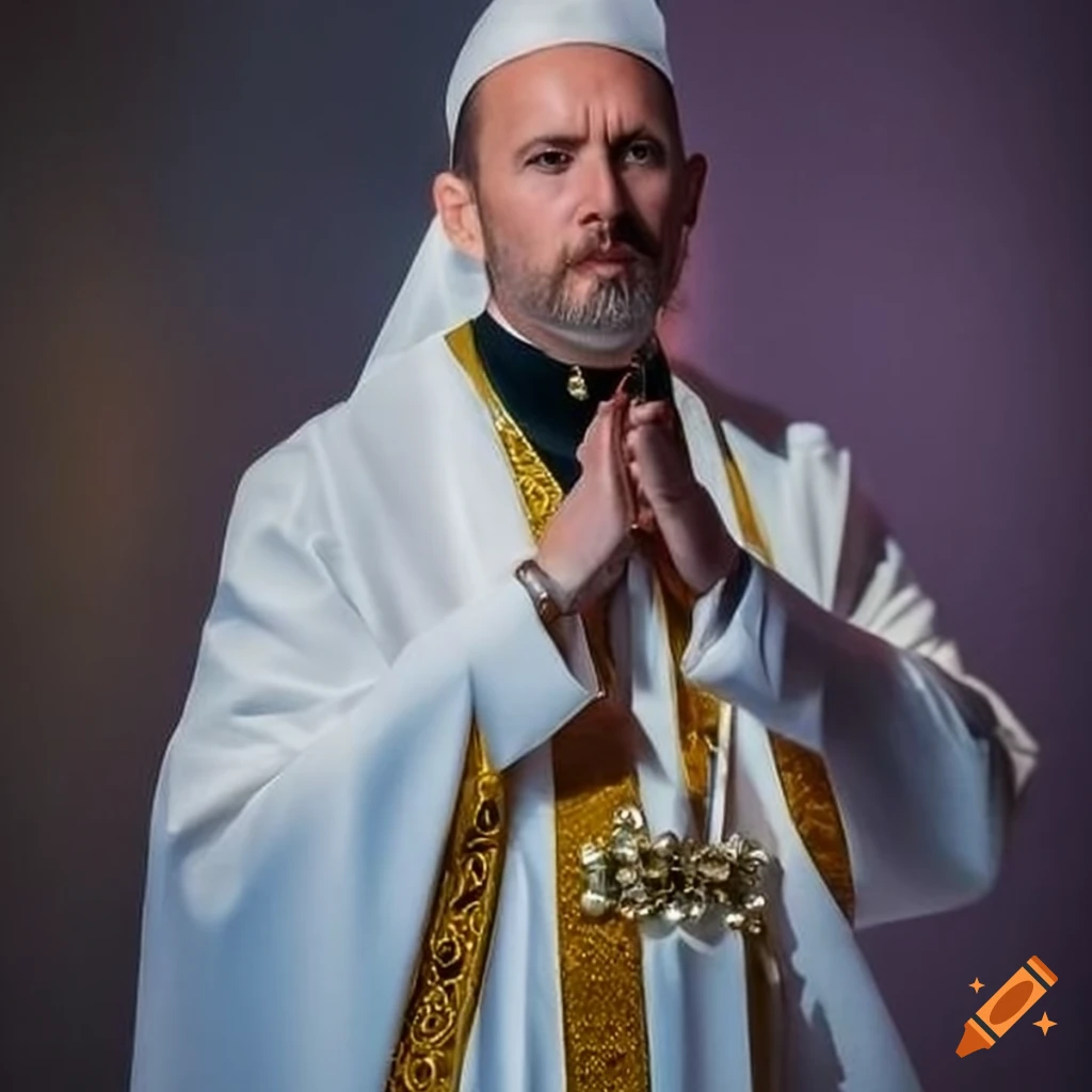 DnD priest adorned in white robes, lit dramatically, wearing golden ...