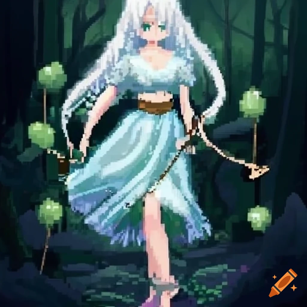 Pixel art, cute, forest elf girl wearing skirt, long white hair, woods ...