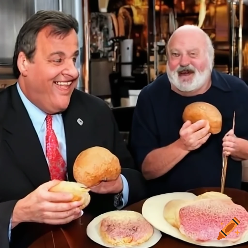 Chris christie and rob reiner eating giant doughnuts on Craiyon