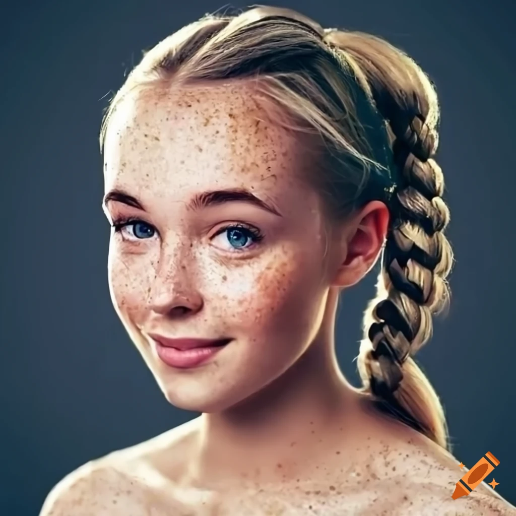 Beautiful young woman delicate freckles shy smile blonde hair braids on ...