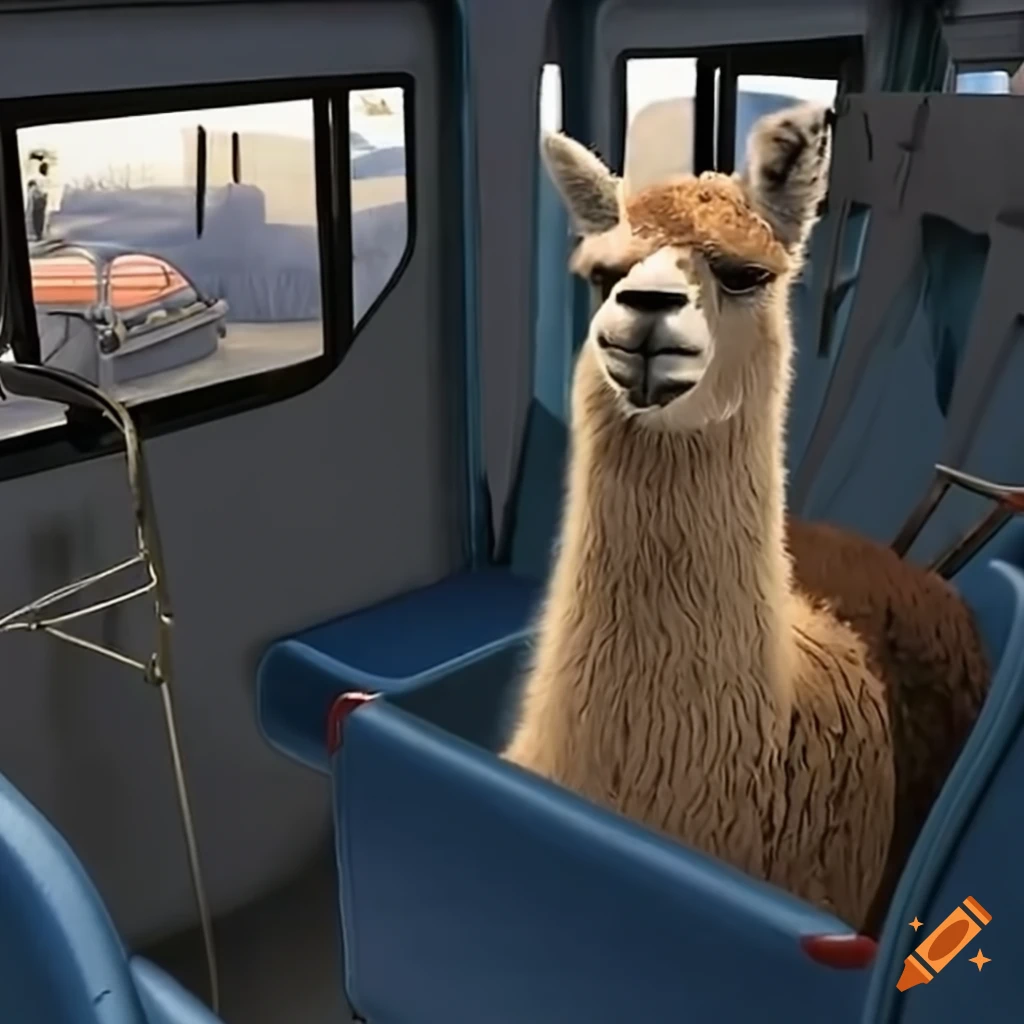 A llama driving a bus