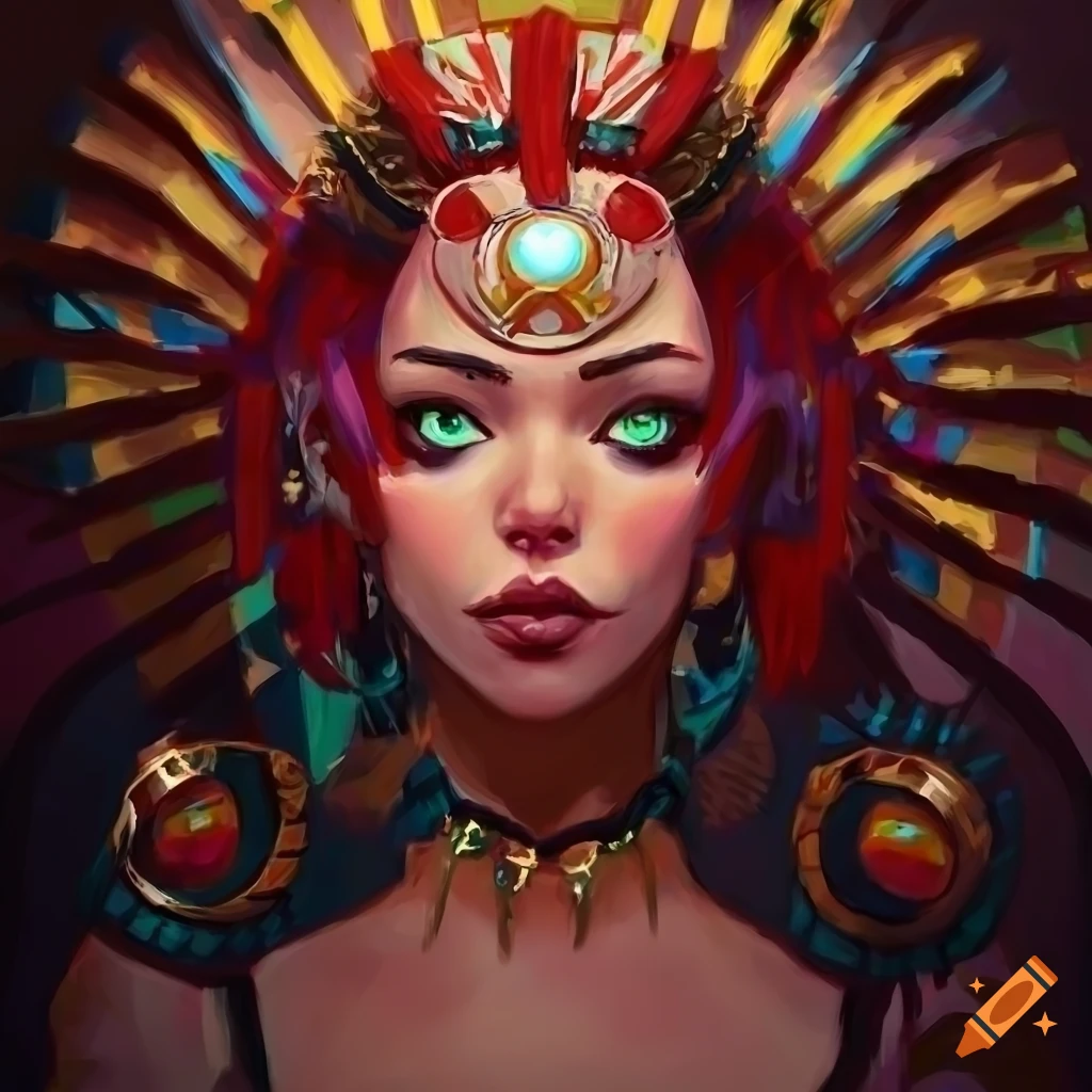 Aztec enchantress in her bedroom chamber, fauvist portrait painting ...