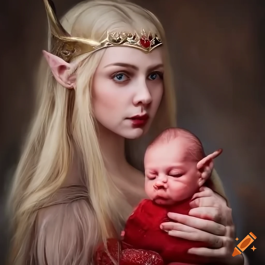 Lifelike Portrait of Beautiful-blonde-Elven-Queen holding newborn baby, both are covered in ...