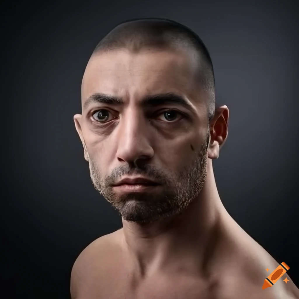Hyper-realistic front-facing portrait of a impatient man with a boxing ...